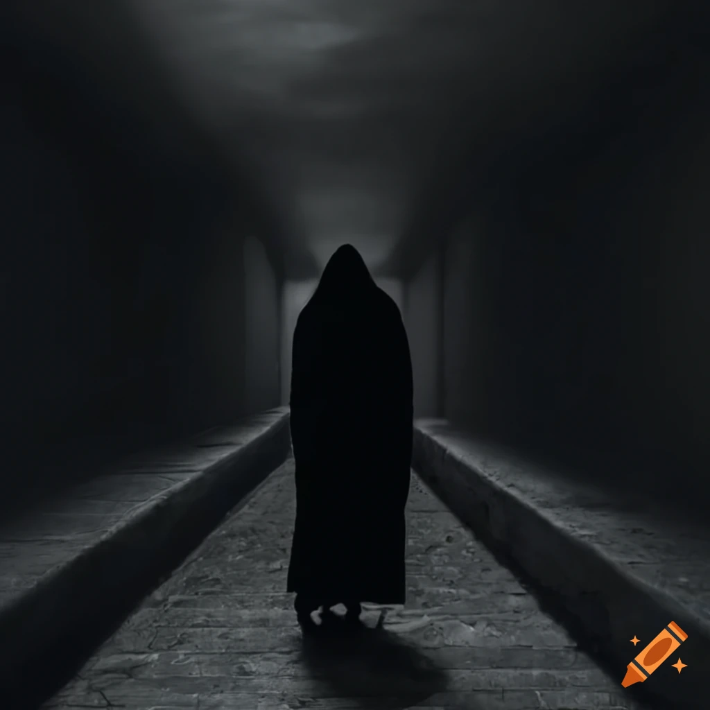 Eerie evil spirit presence in a dark hallway with a death-like hood on ...