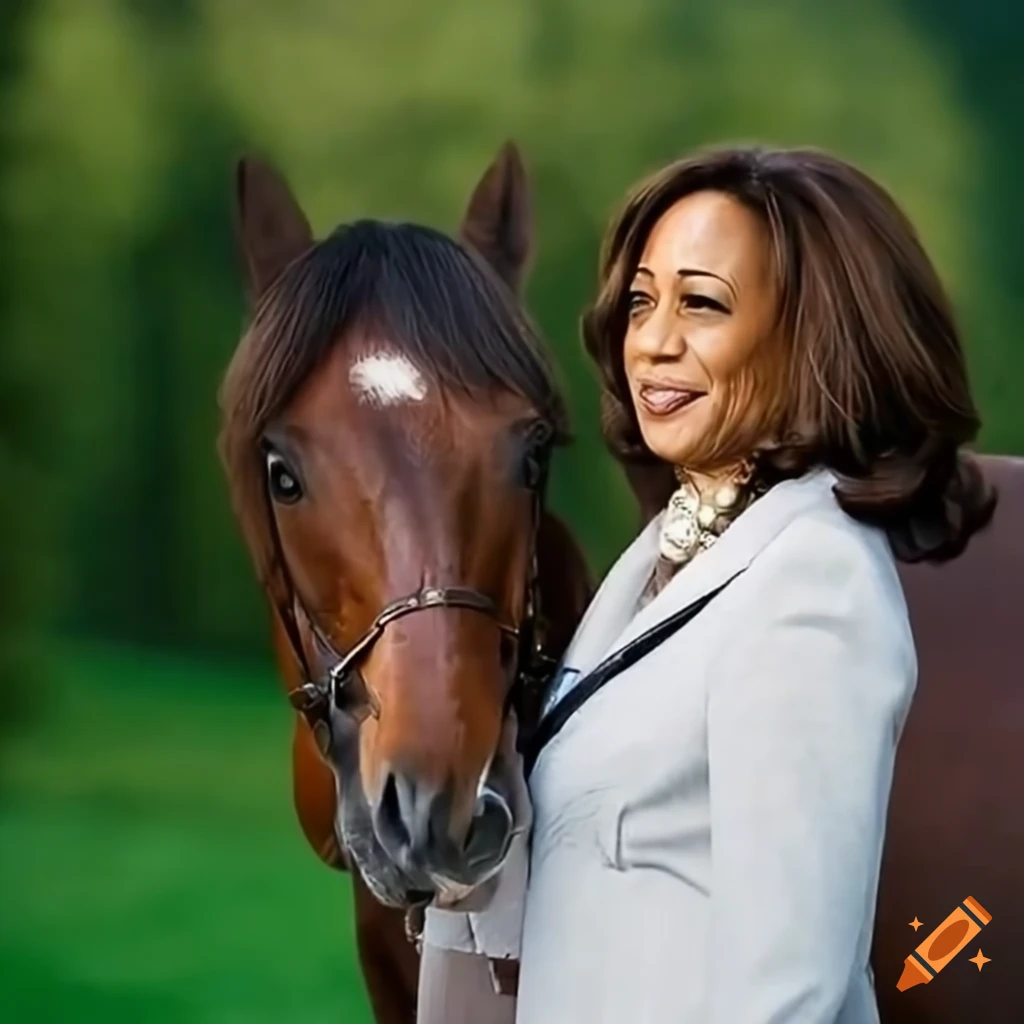 Kamala harris riding a horse in an austrian meadow on Craiyon
