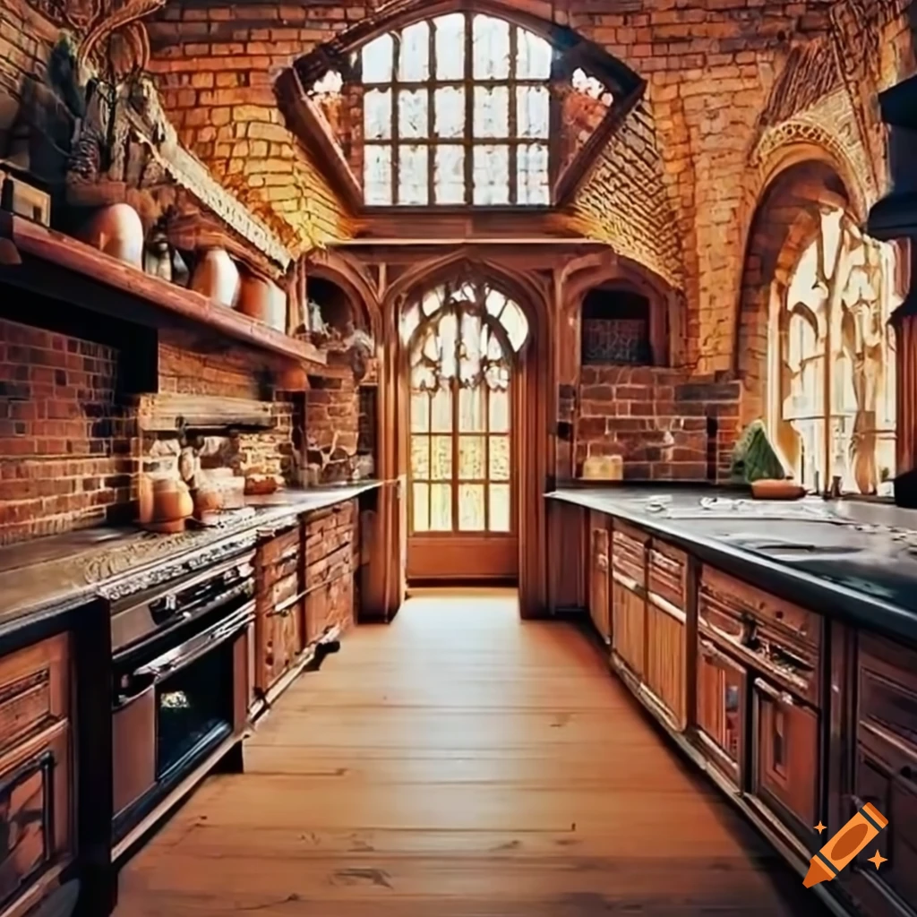 Tall rustic brickwork kitchen with victorian gothic ceiling and copper ...