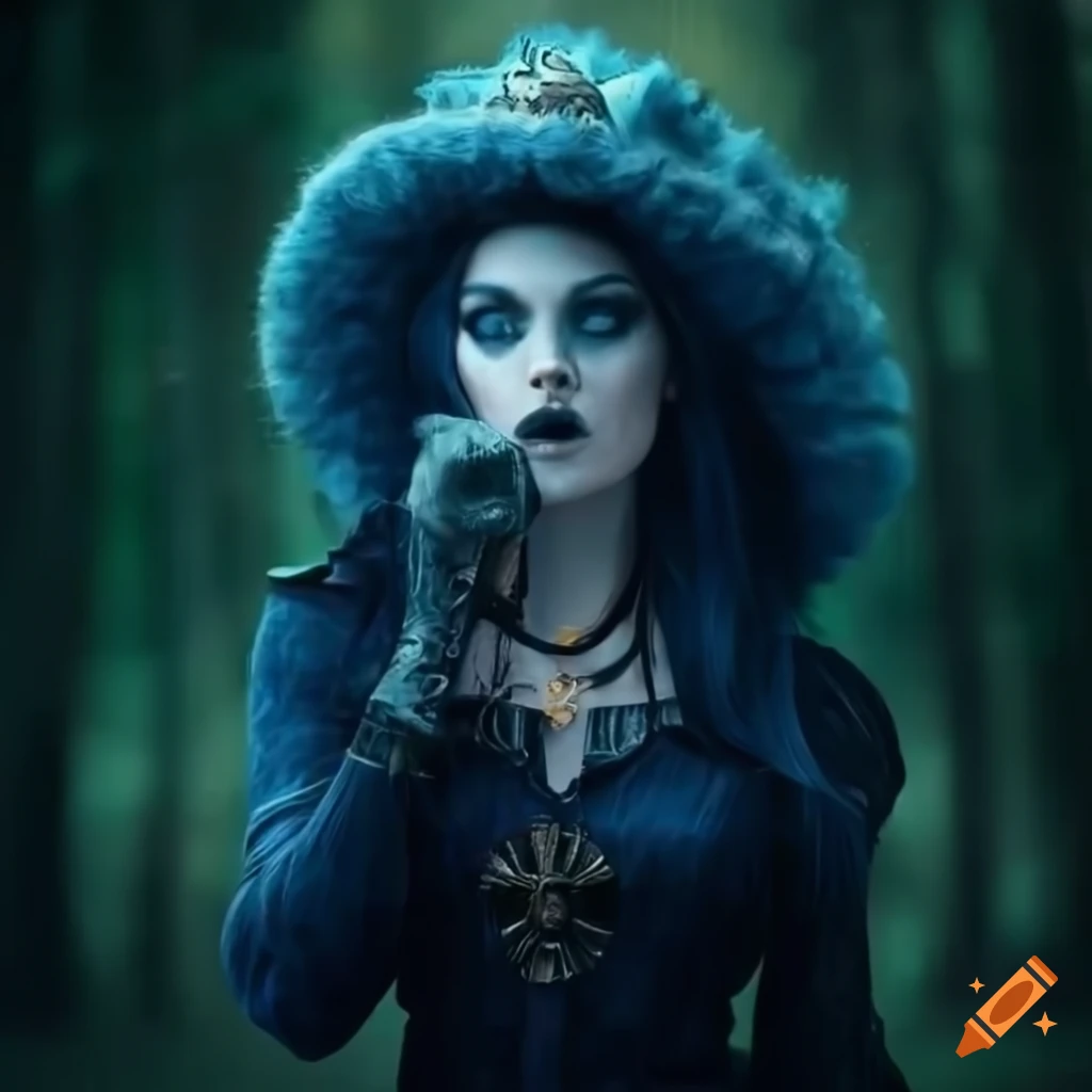 Blue steampunk witch picking bluebells in the forest with short blue ...