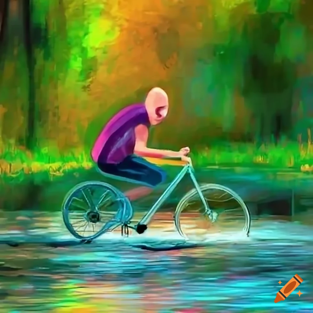 Bald man riding a bicycle through a shallow river on Craiyon