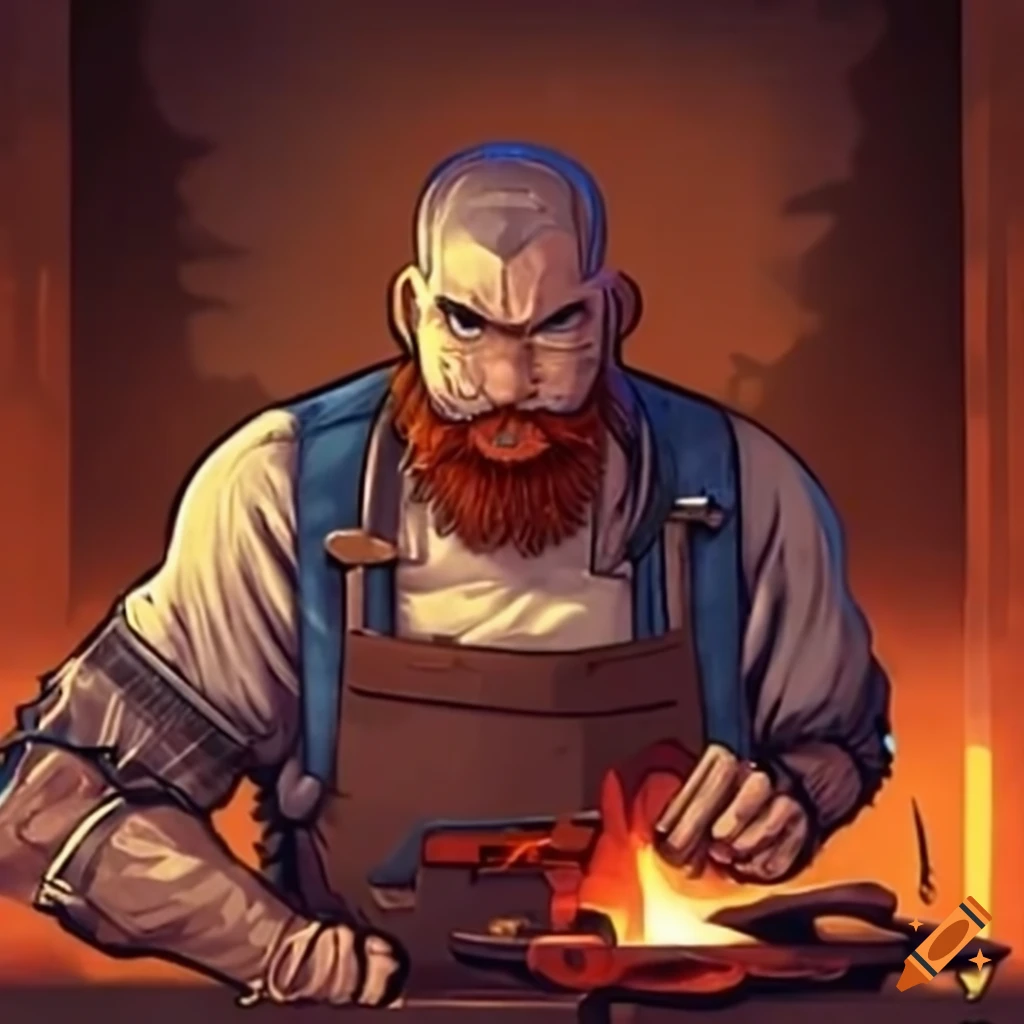 Skilled bearded blacksmith forging metal in a forge on Craiyon