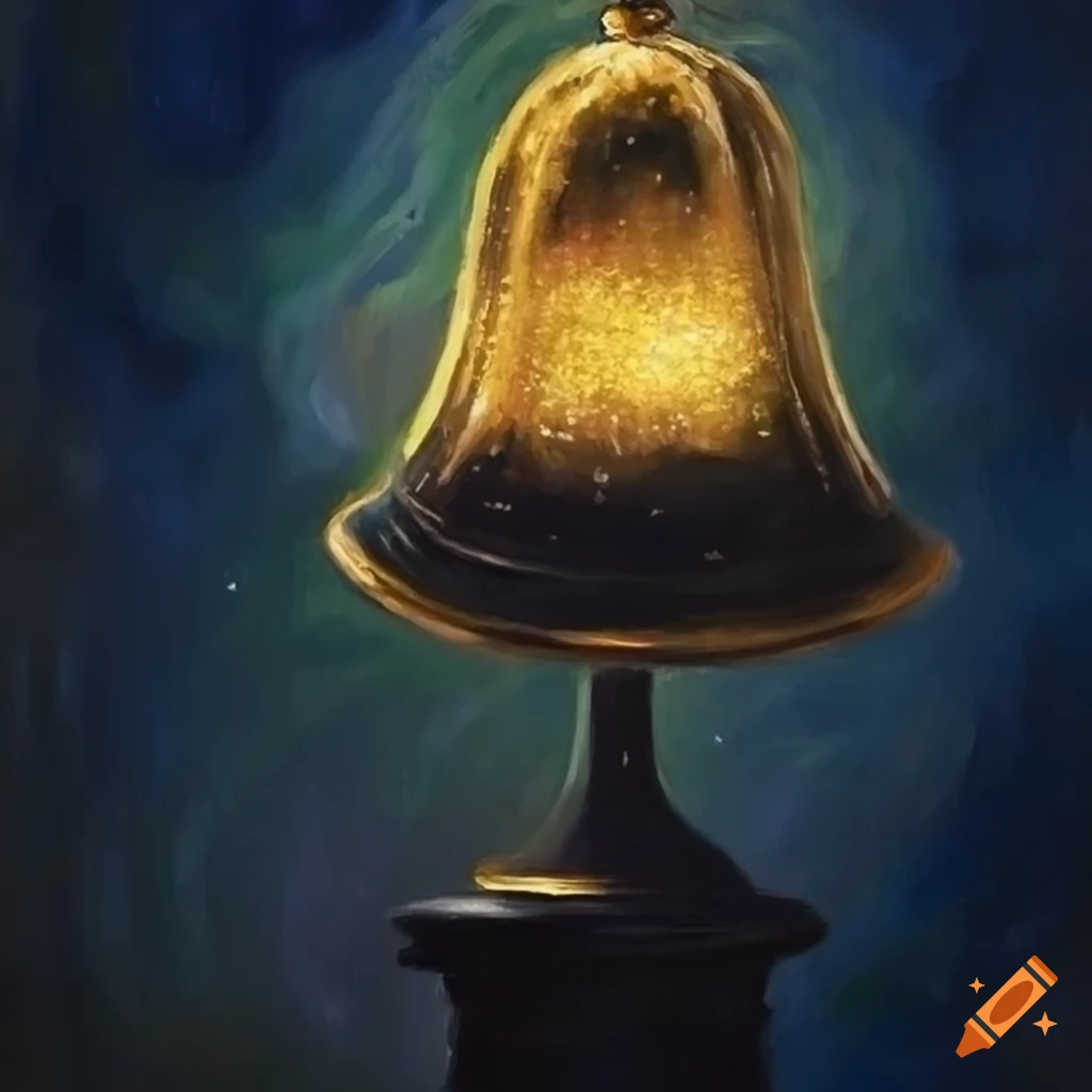 Shimmering gold bell on a pedestal against a starry night backdrop on ...