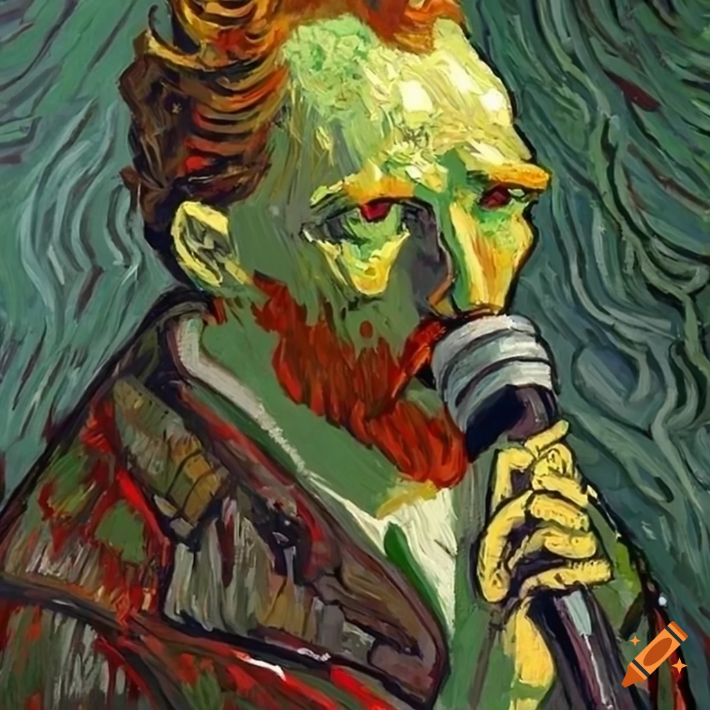 Zombie rising from grave singing into a microphone in Van Gogh style on ...