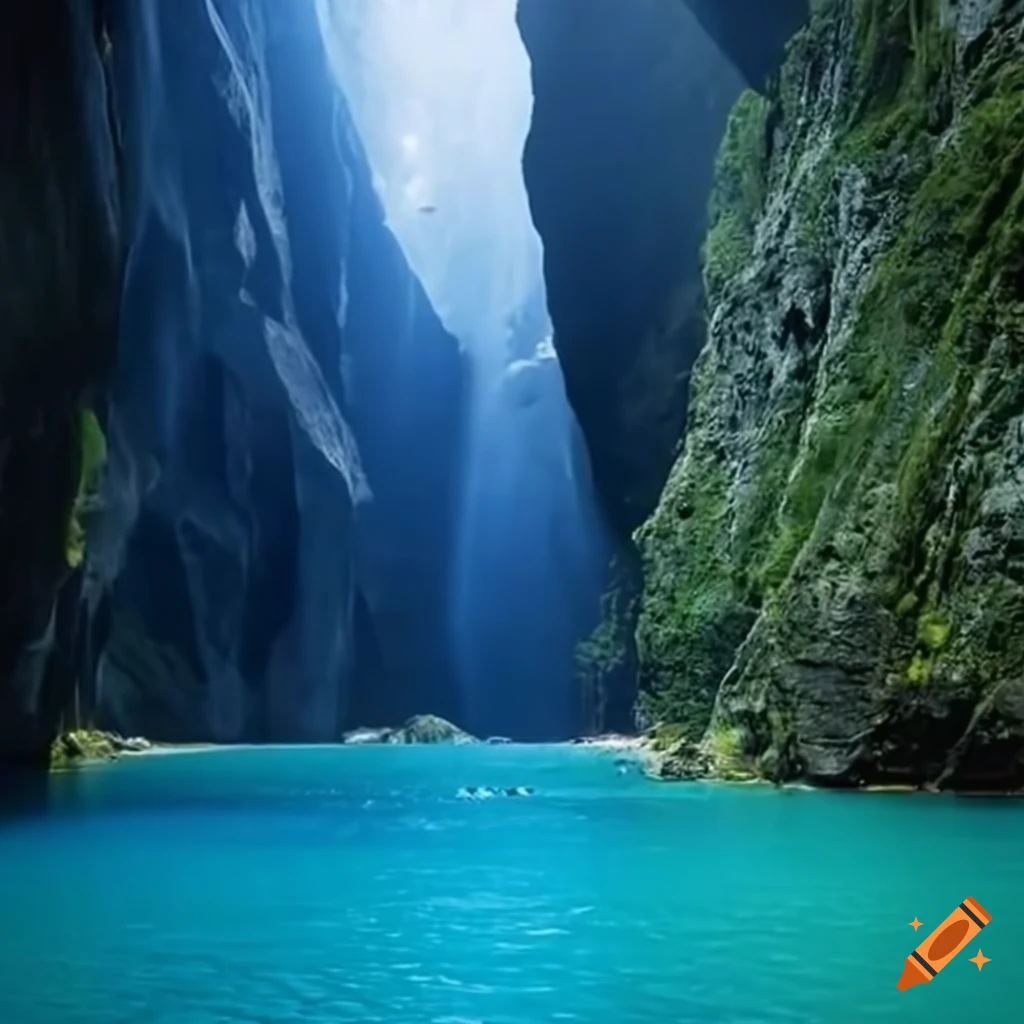 Deep sea scene, view underwater of a wide canyon on Craiyon