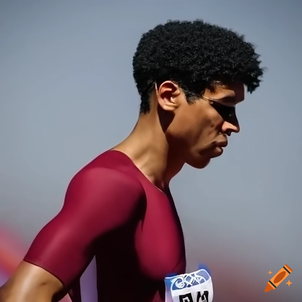 A sprinter with Arabic features getting ready for the 200 meters dash ...