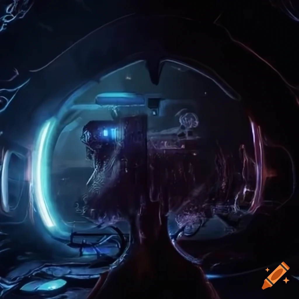 Surreal alien visit inside asymmetrical organic spaceship with strange machines and light boards ...