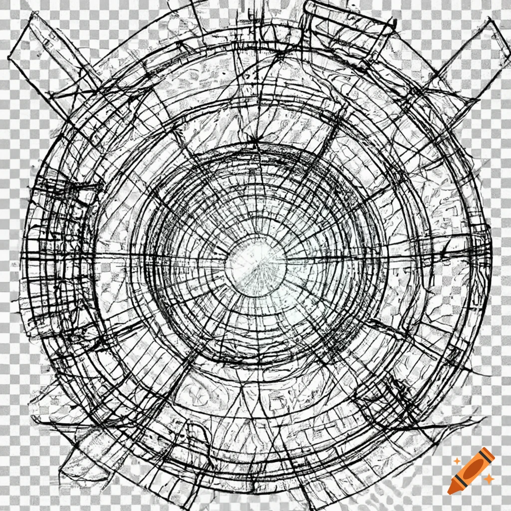 Sketch diagram of a complex circular space station with clocklike hands ...