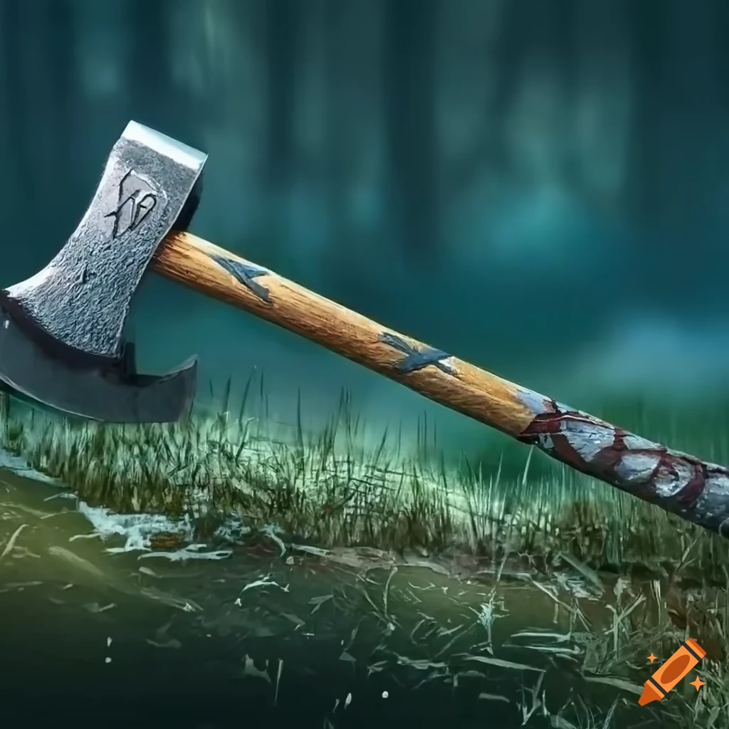 Silver woodcutter axe with runes in magical forest atmosphere on Craiyon