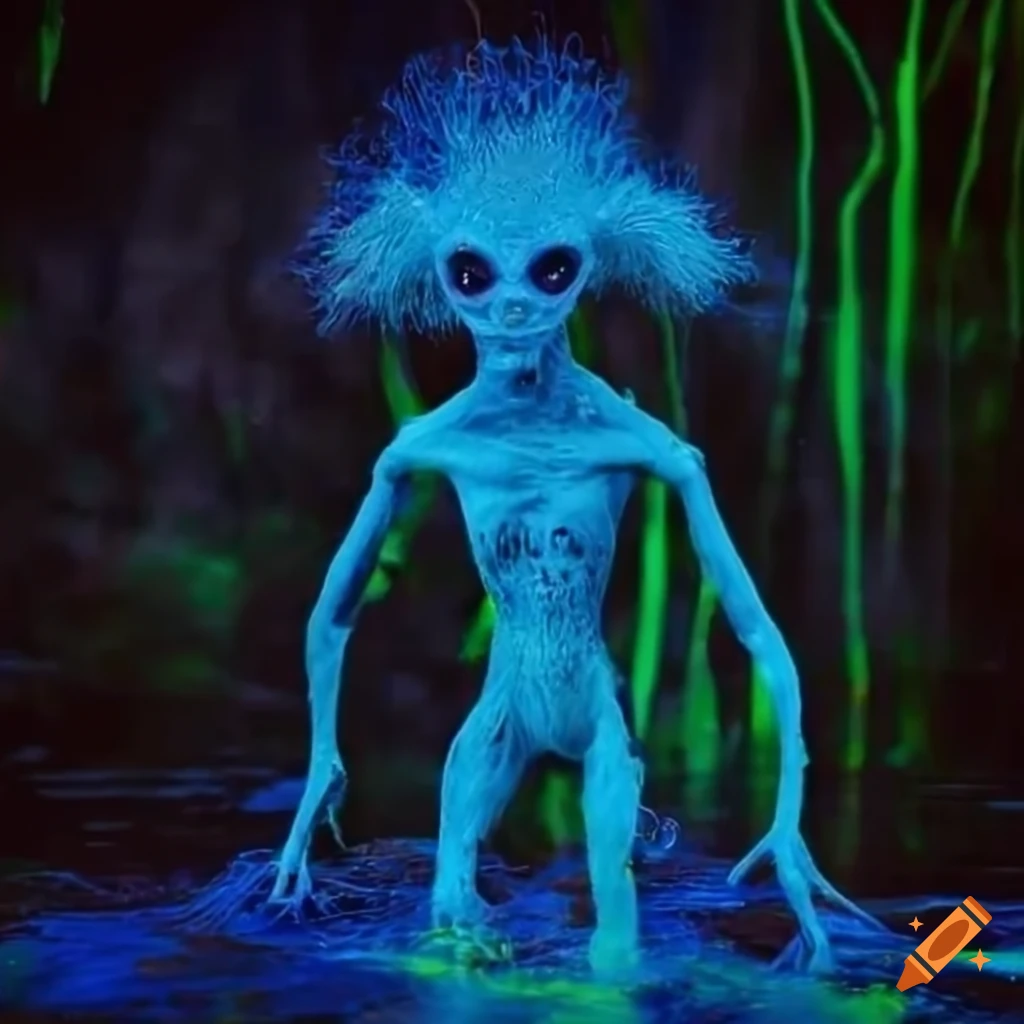 Hairy swamp alien in a neon slime storm on Craiyon
