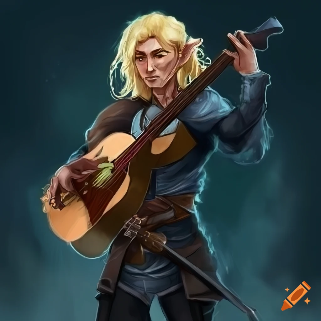 Half-elf bard with a guitar and sword, blonde hair on Craiyon