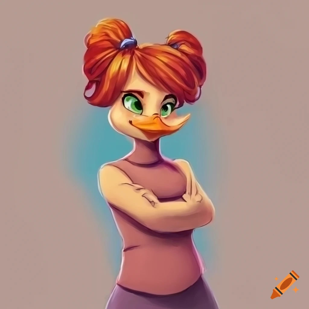 Chubby anthropomorphic duck girl with red hair in tan turtleneck, green ...