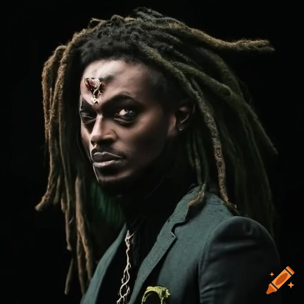 Black man with dreadlocks in a stylish suit with voodoo jewelry on Craiyon