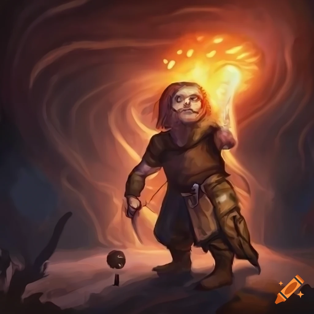 Mysterious halfling kineticist in a cave with fiery aura on Craiyon