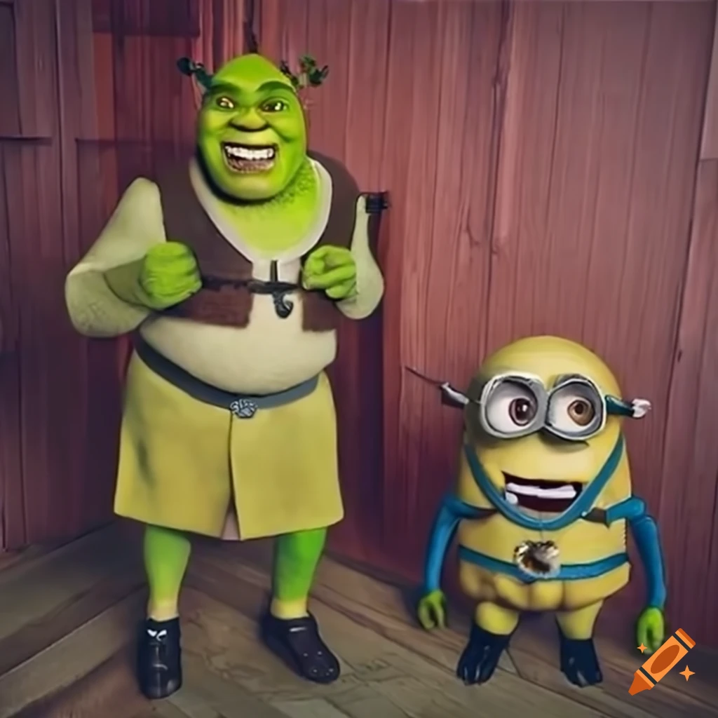 Shrek and Minion hanging out in a vibrant environment on Craiyon