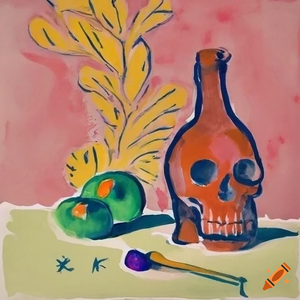 Henri Matisse ink drawing of a still life with skull, fruit, and ...
