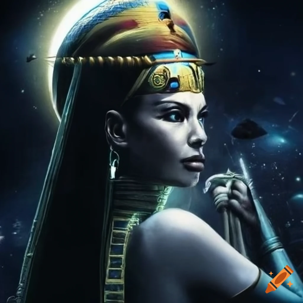 Utopian science fiction movie poster featuring a futurist Egyptian queen on Craiyon