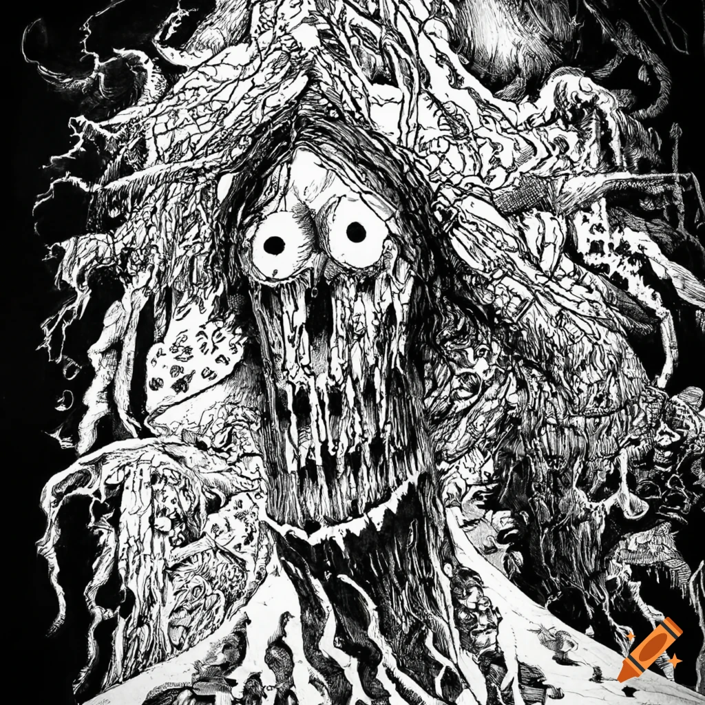 Intricate black and white ink drawing of a tormented ghost in deep ...