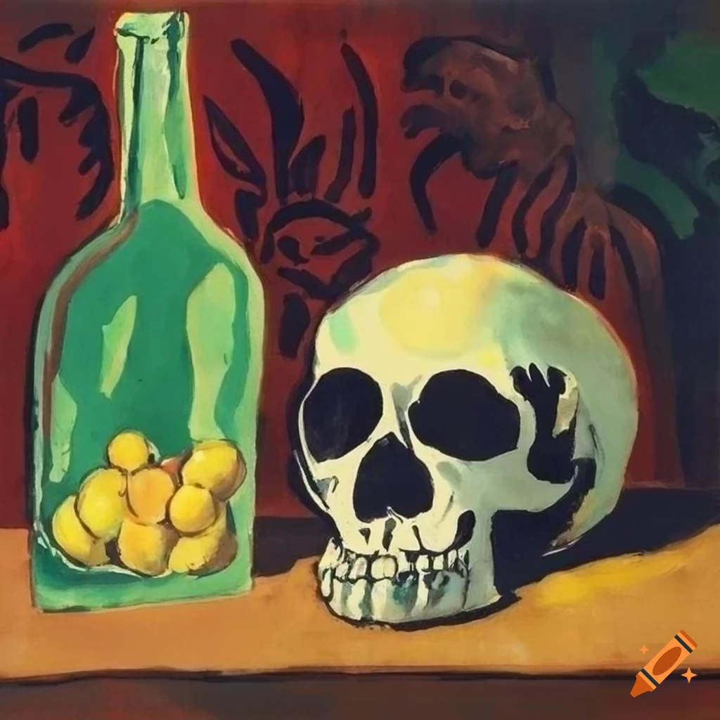 Henri matisse ink drawing of a still life with skull, fruit, and ...