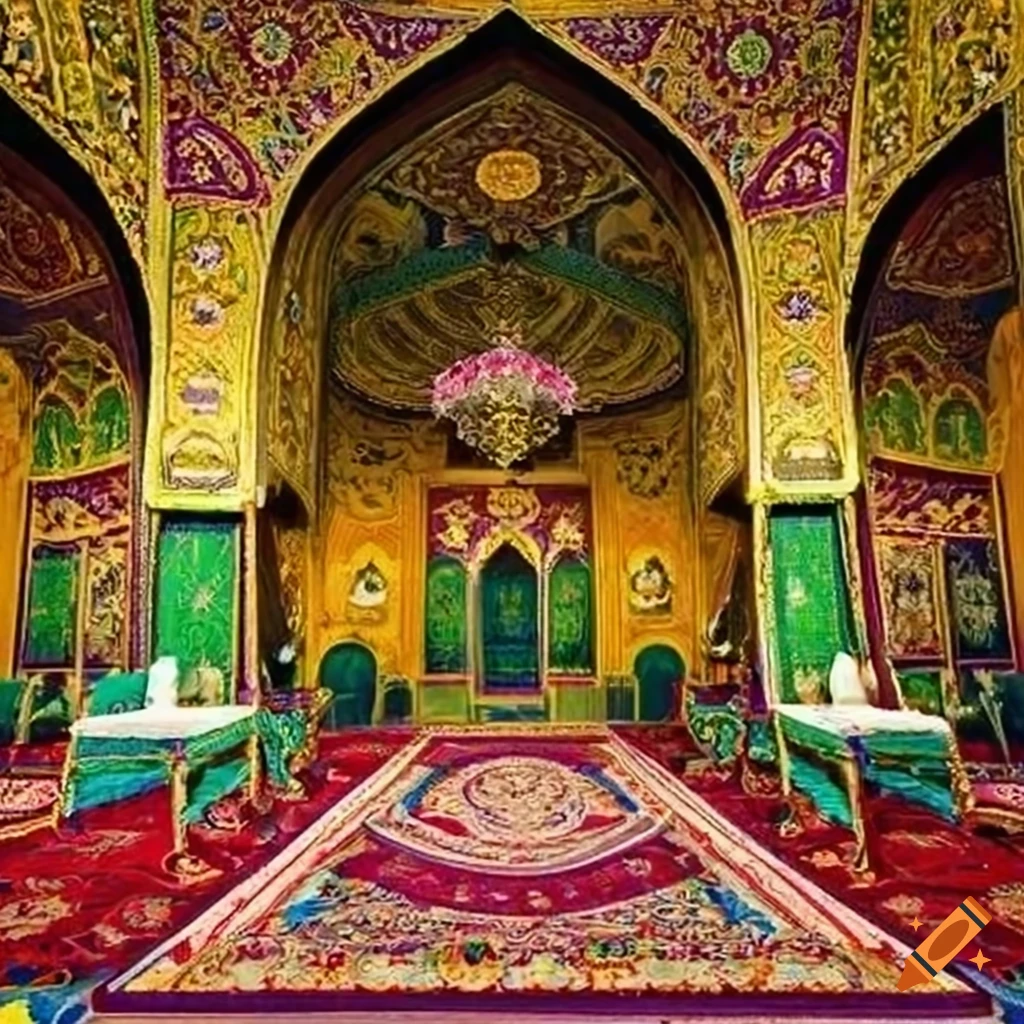 Design of large Iranian reception with white walls and colorful ...