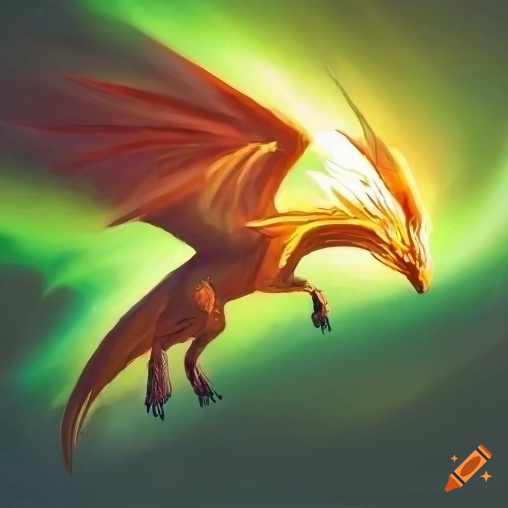 Fire dragon bird hybrid soaring in a dark sky with aurora borealis on ...