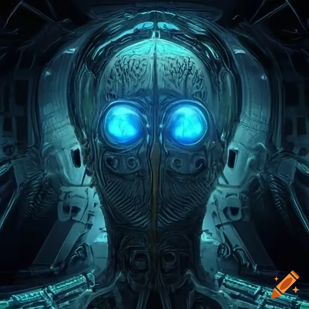 Surrealist aliens inside an asymmetrical organic spaceship with strange machines and light ...