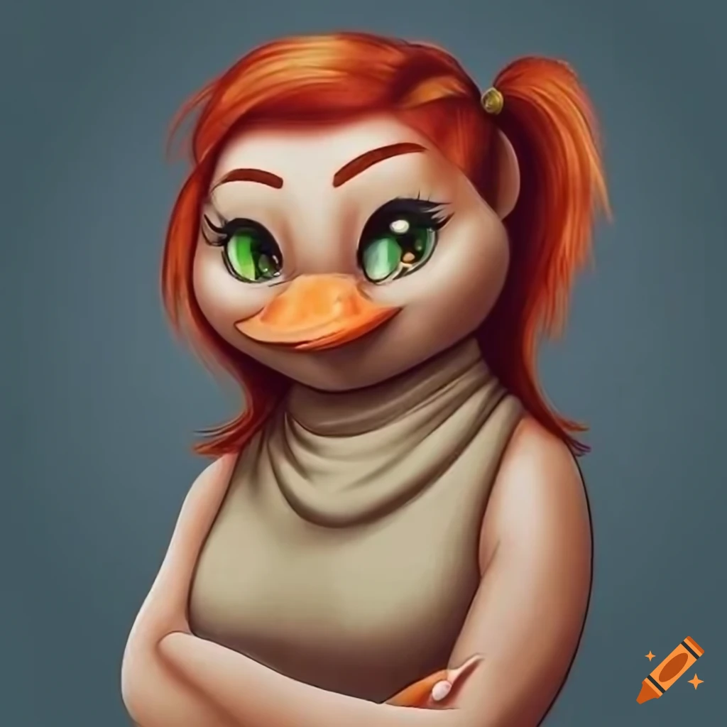 Chubby anthropomorphic duck girl with red hair in a tan turtleneck on ...