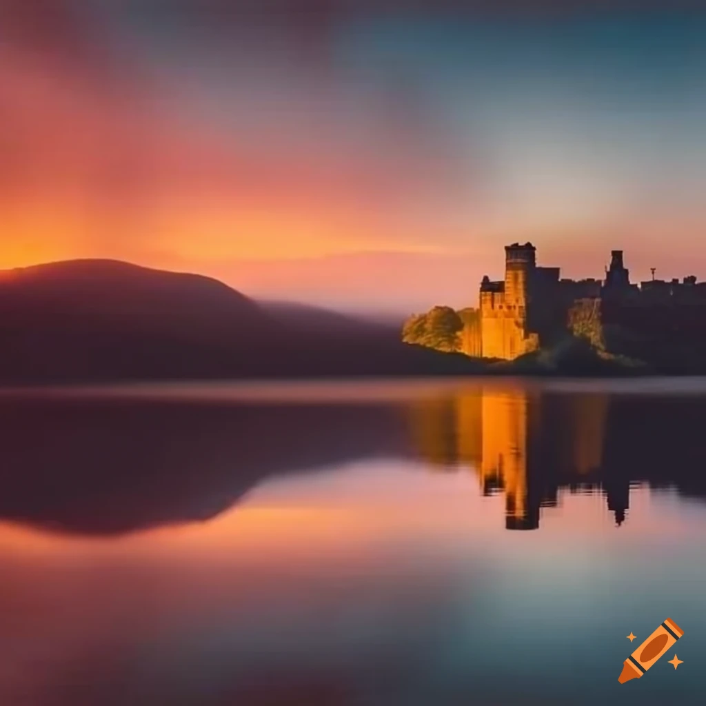 Beautiful sunset with scottish castle by the lake and rolling hills on ...
