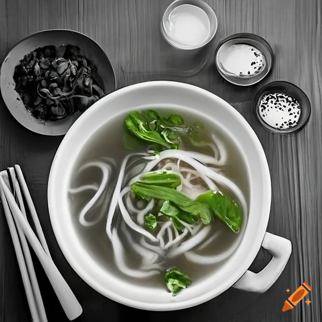 Pho soup steaming in a black and white drawing on Craiyon