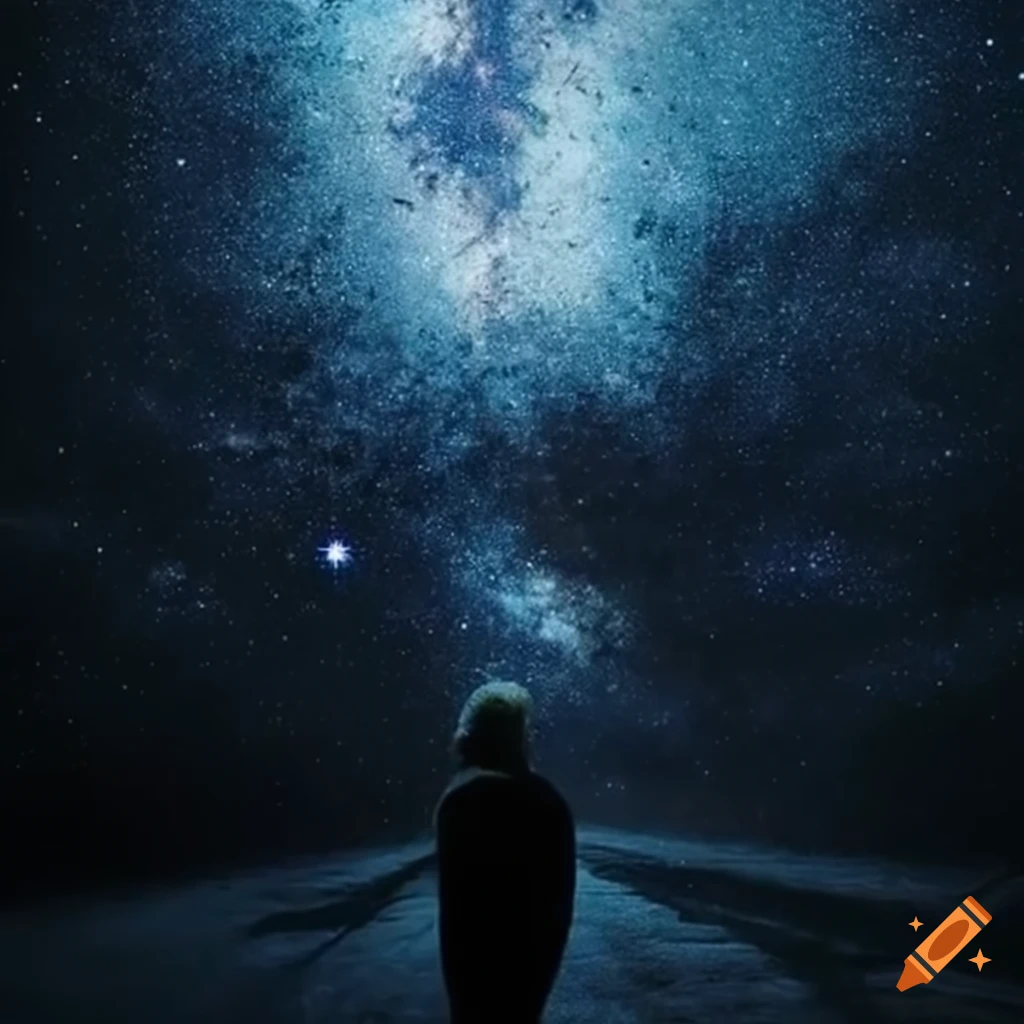 Person looking up to star-filled night sky with beam of self-aware ...