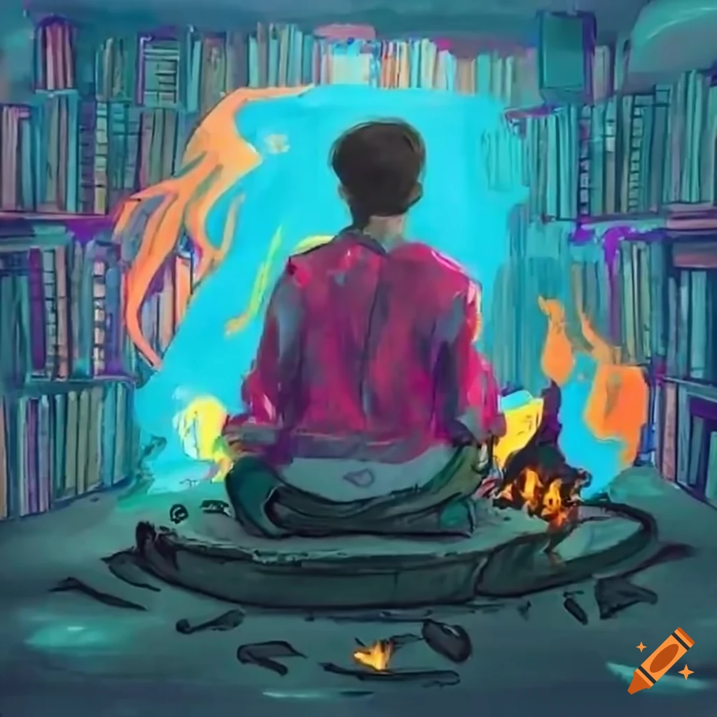 Young man by campfire in endless library with ghostly angel on Craiyon