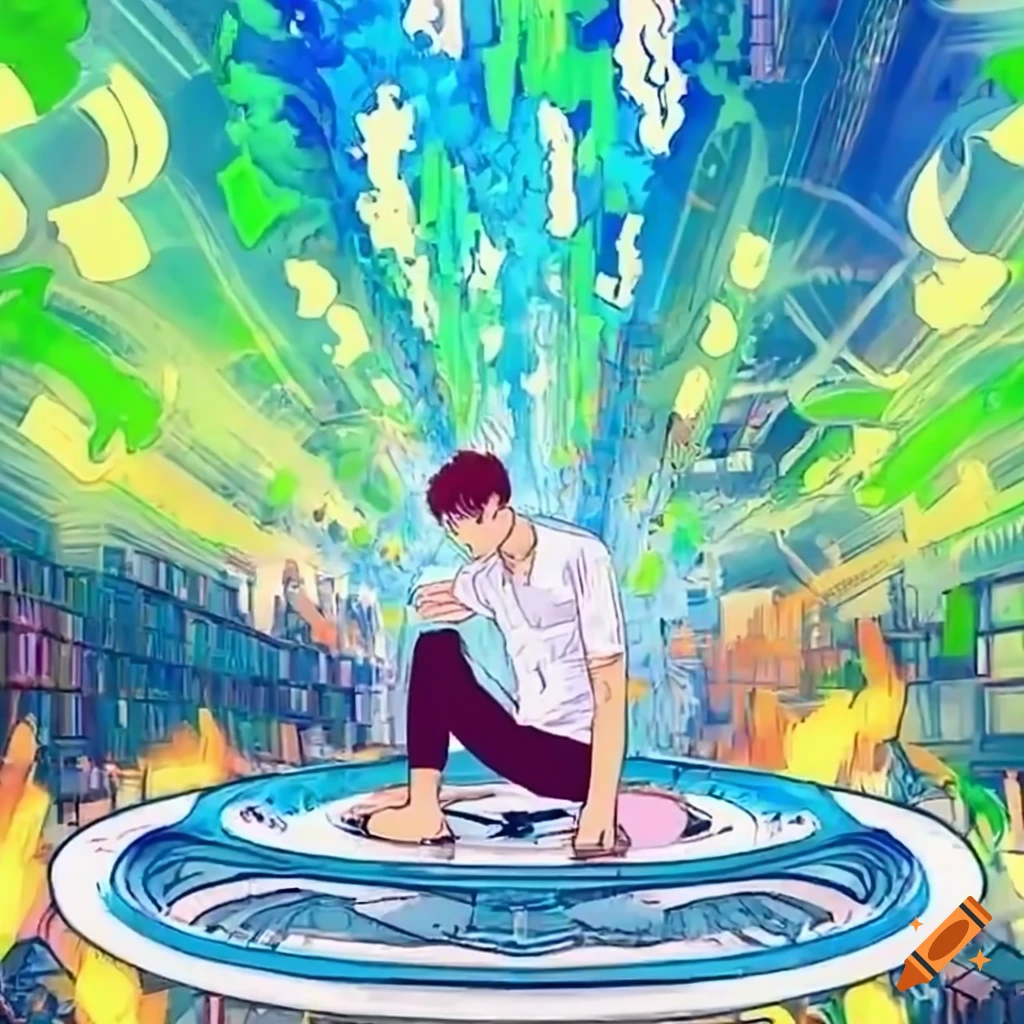 Young man by campfire in a library with abstract hallucinations on Craiyon