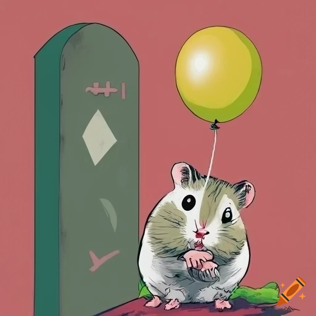 Comic art of a cute hamster with a balloon in front of a blank grave ...