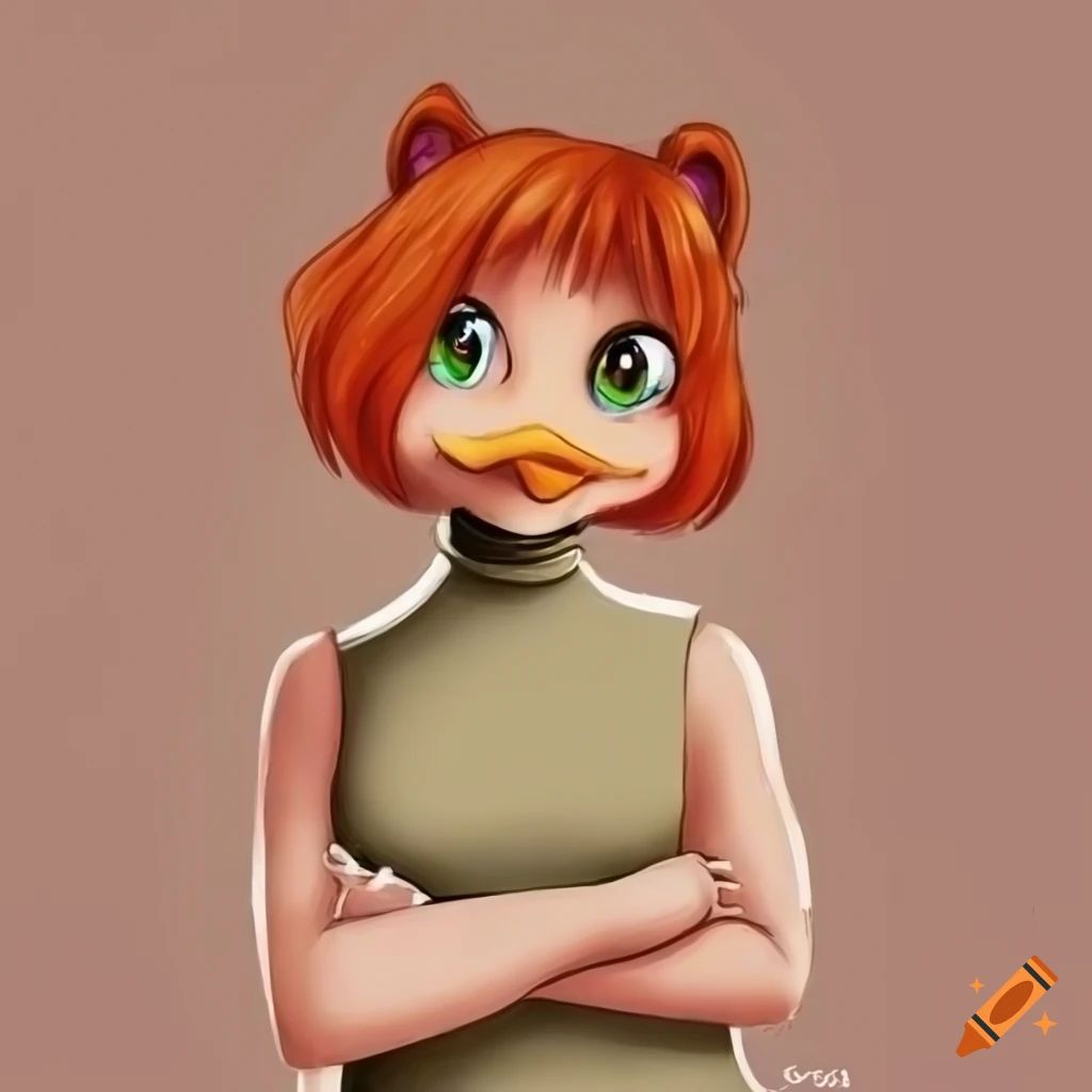 Chubby anthropomorphic duck girl in tan turtleneck with red hair and ...