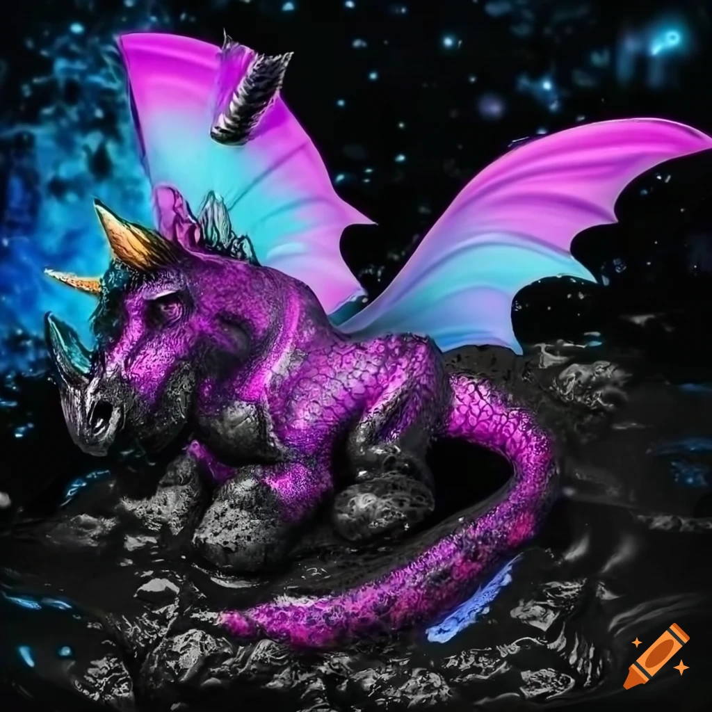Unicorn-dragon hybrid relaxing in a black mud pool on Craiyon