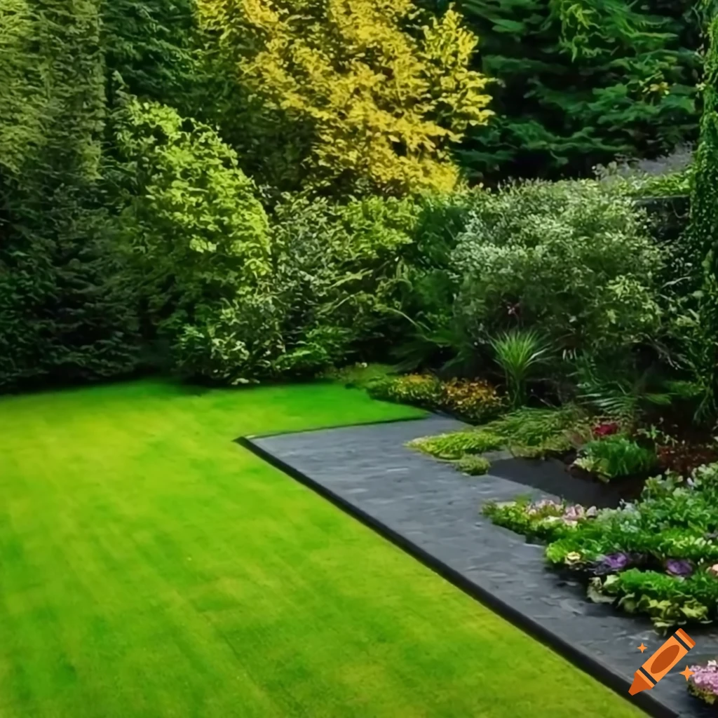 Beautiful garden design with lawn, garden shed, and white fence in an l ...