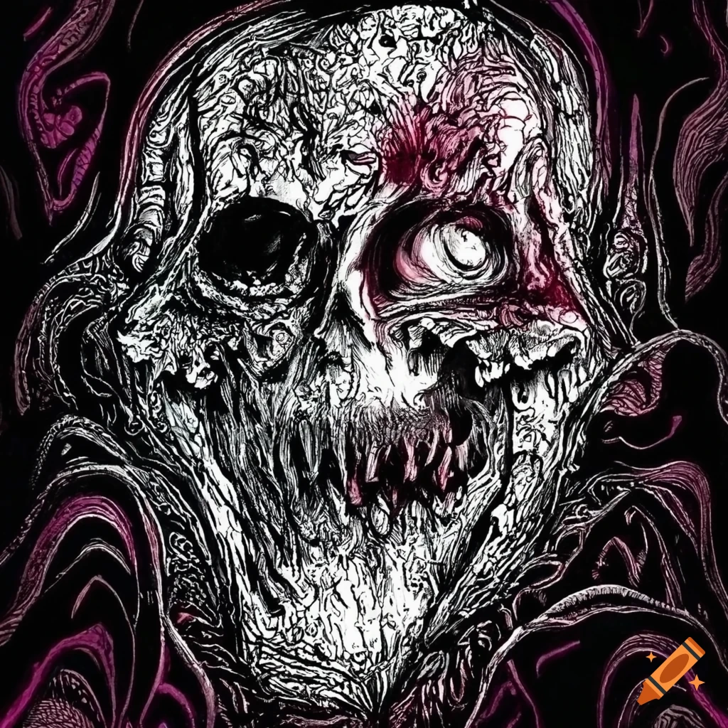 Intricate black and white ink drawing of a tormented ghost in deep ...