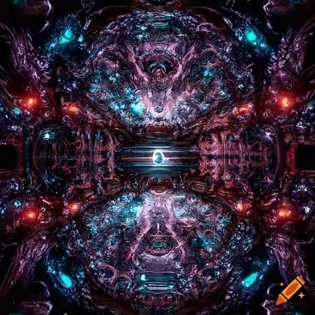 Surrealist aliens inside asymetric organic spaceship with strange machines and light boards ...