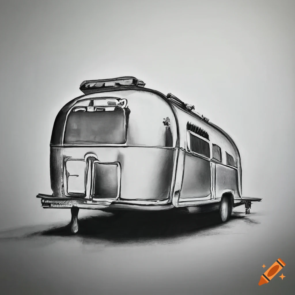 Detailed pencil drawing of a silver airstream traveling through open ...