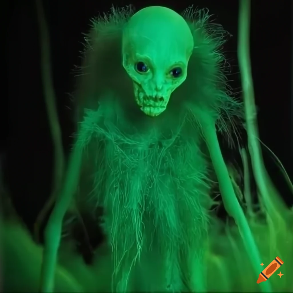 Creepy hairy swamp alien in a neon slime storm on Craiyon