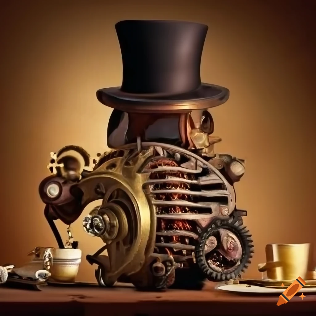 Steampunk car alternator with brass gears and top hat serving tea in a ...
