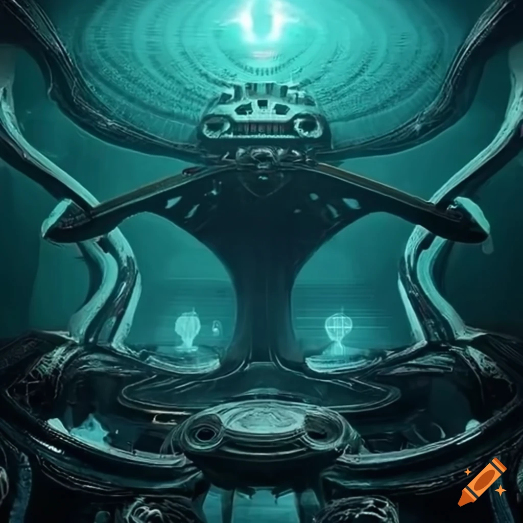 Surrealist aliens inside organic spaceship with light boards and machines on Craiyon