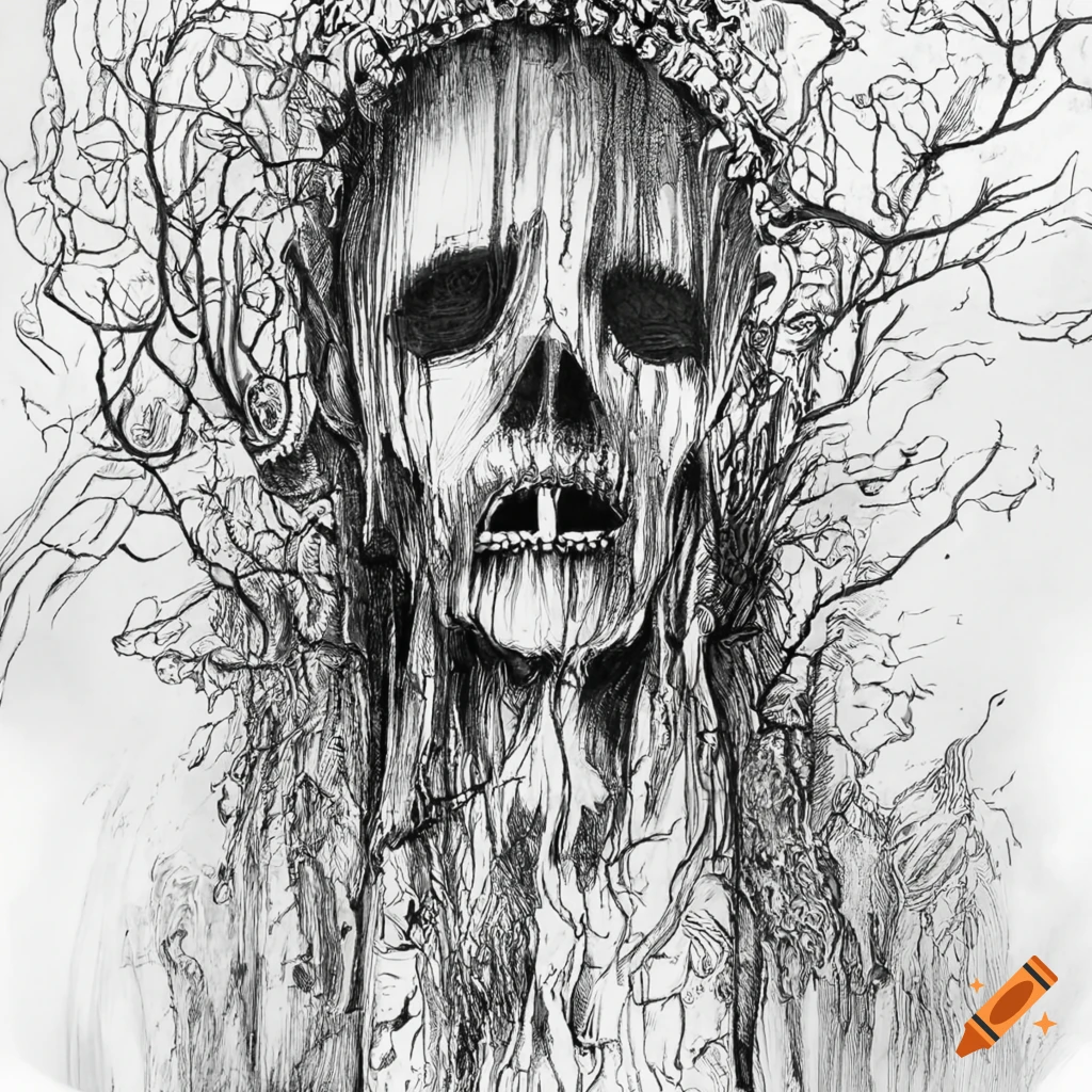 Intricate black and white ink drawing of a tormented ghost in extreme ...