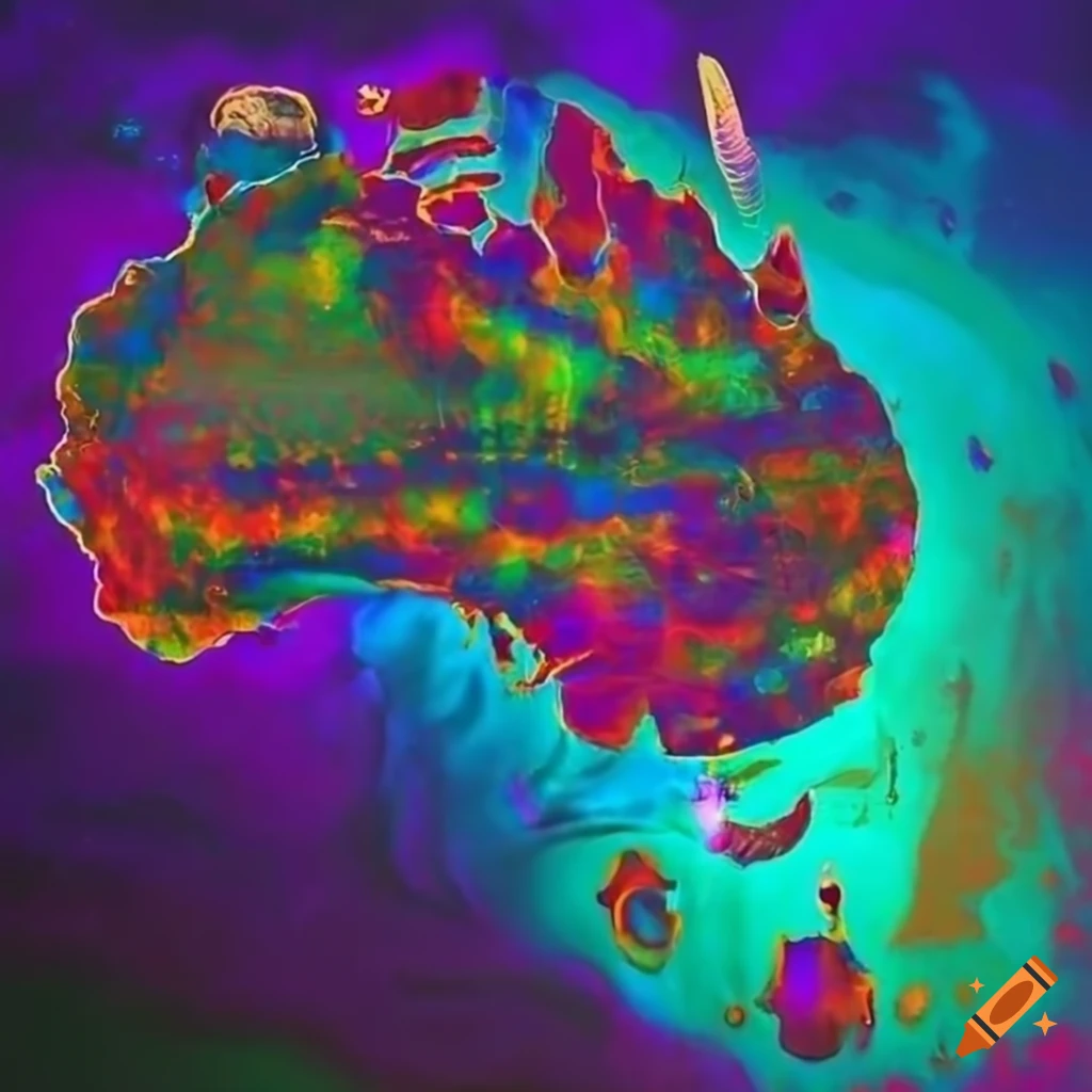 Psychedelic representation of the map of Australia on Craiyon