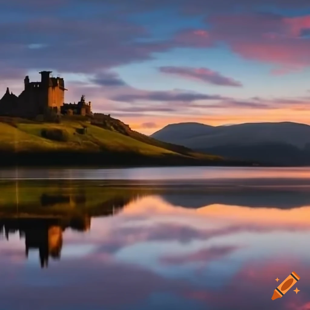 Beautiful sunset with Scottish castle by the lake and rolling hills on ...
