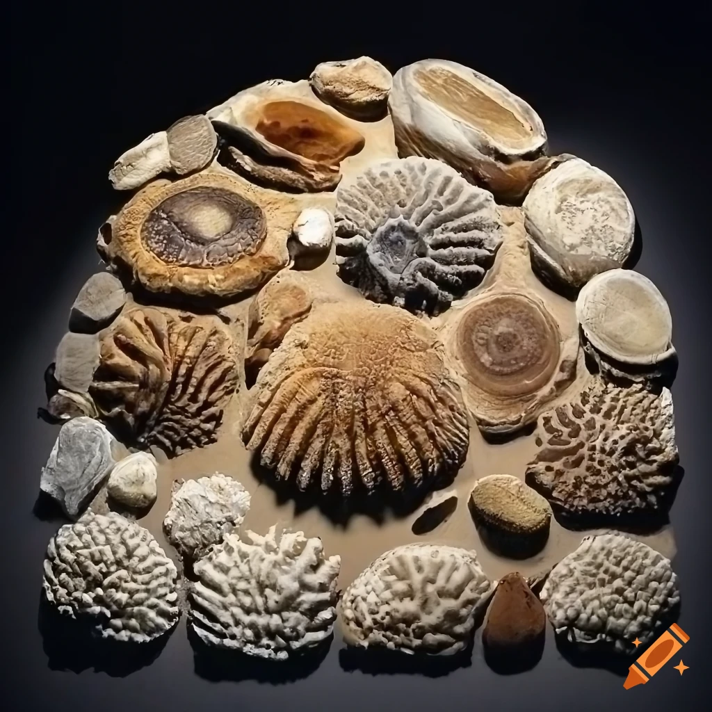 Collection of fossils on the sea floor including dinosaur teeth, oyster, coral, and crab fossils ...