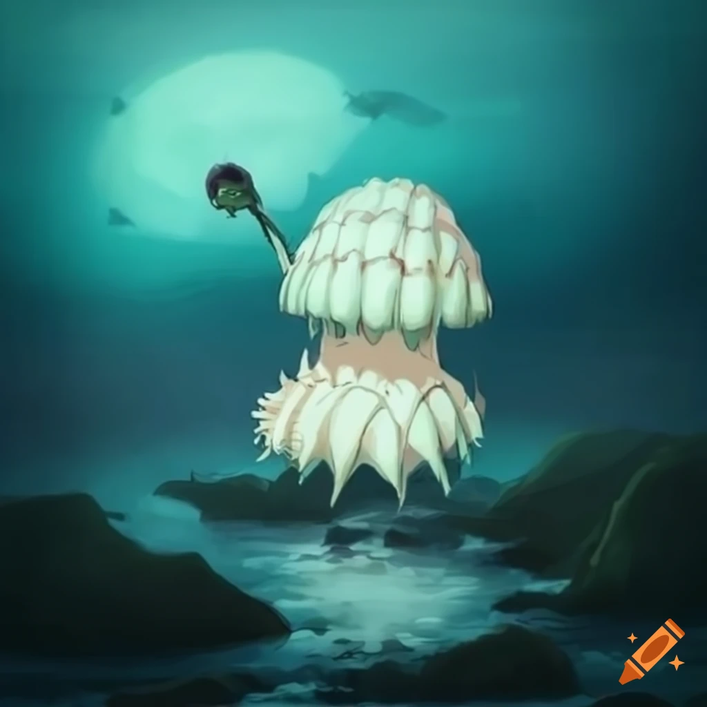 Monster waifu with white shell on a foggy sea island on Craiyon