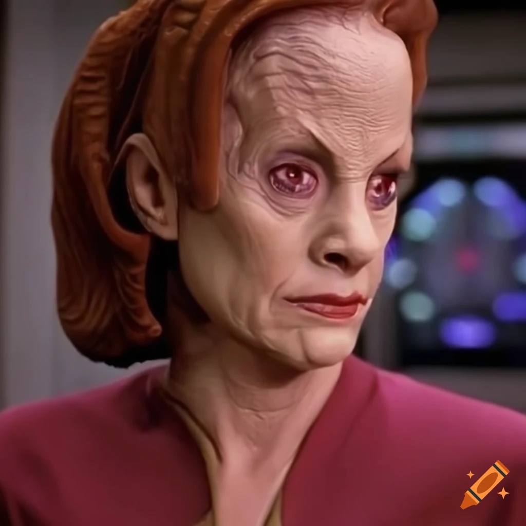 Portrait of a woman with a wrinkled nose resembling kira nerys from ...