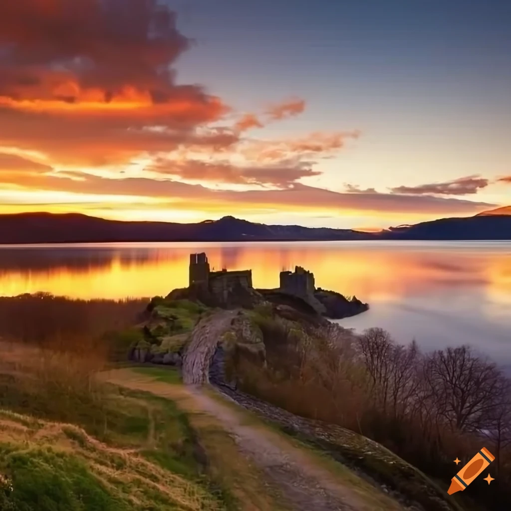 Beautiful sunset with scottish castle by the lake and rolling hills on ...