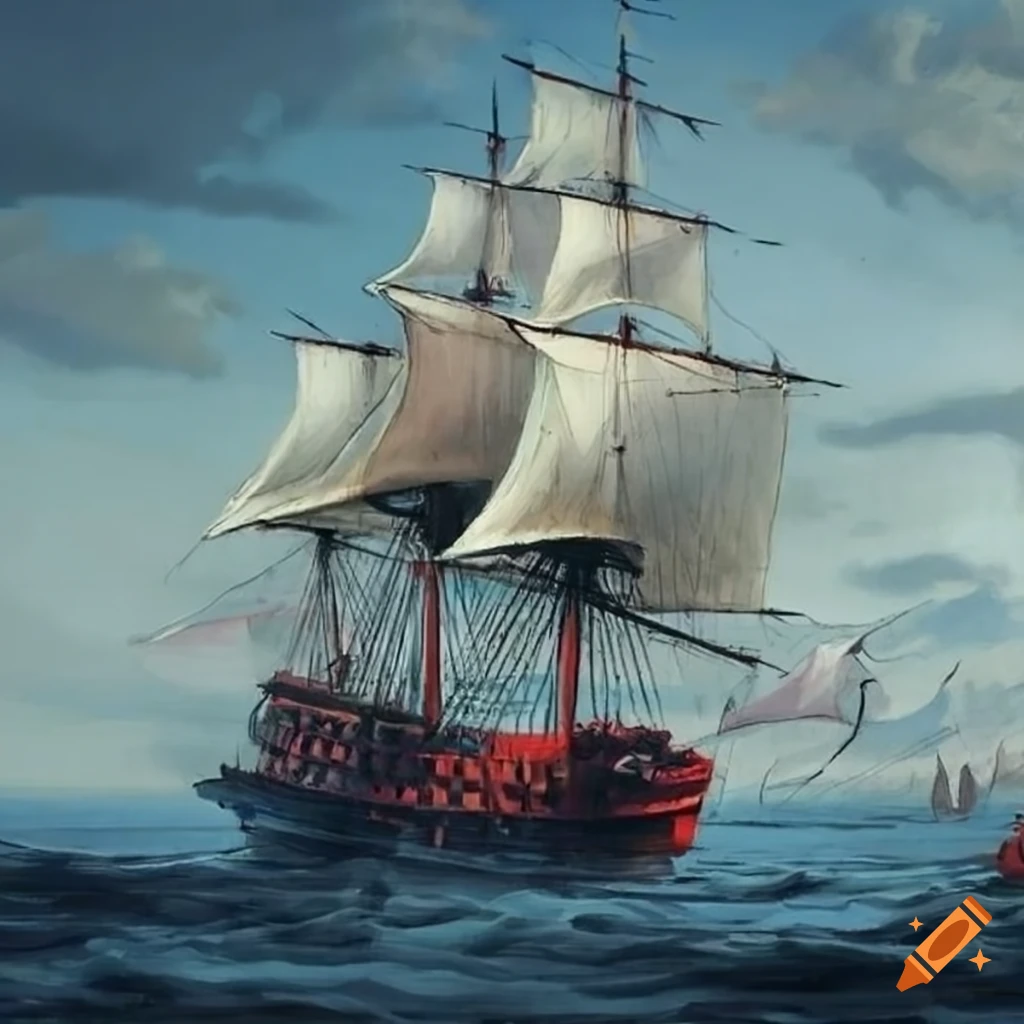 Frigate ship with red hull and white sails on Craiyon